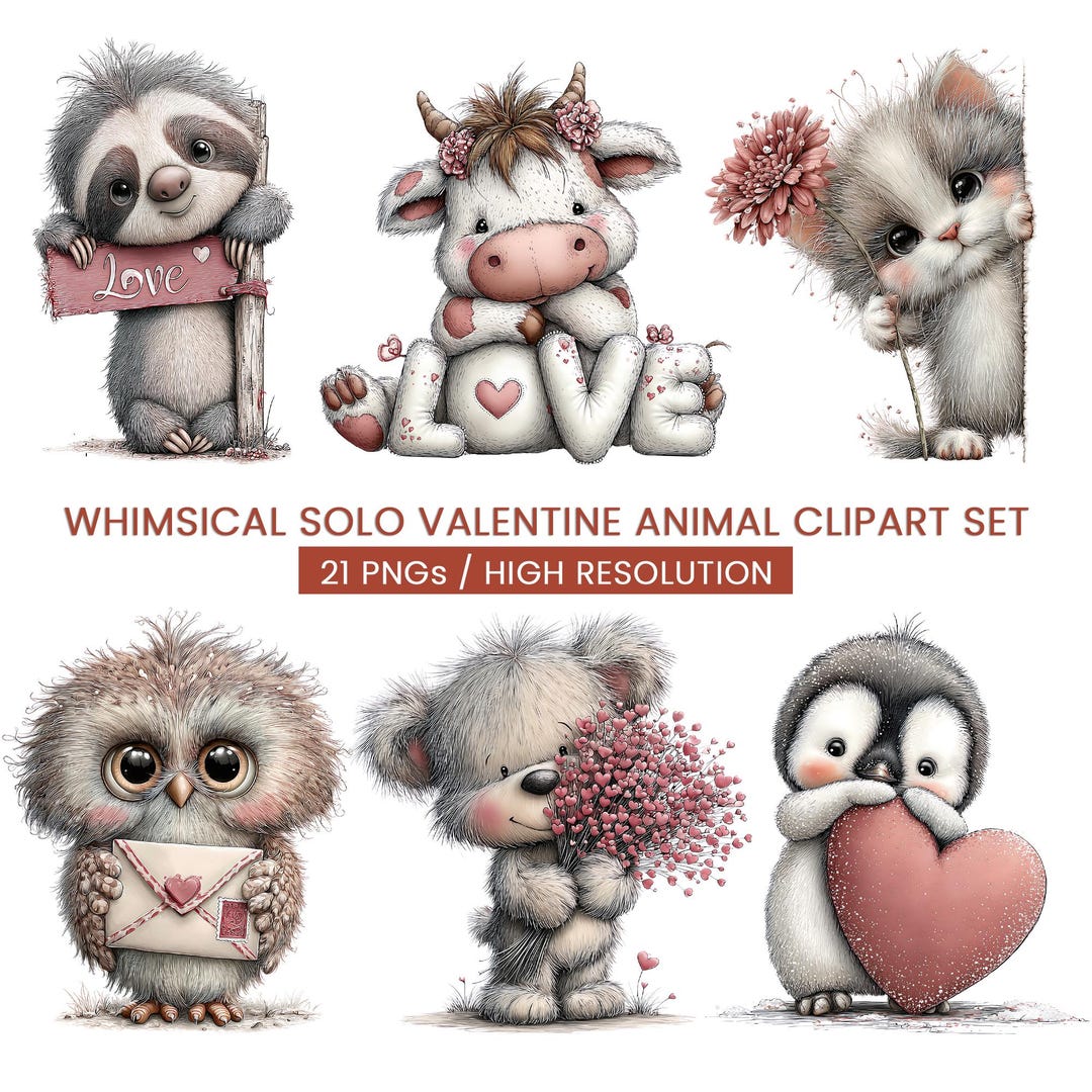 21 Pngs | Solo Valentine Animal Clipart Set | Whimsical Graphics Bundle ...