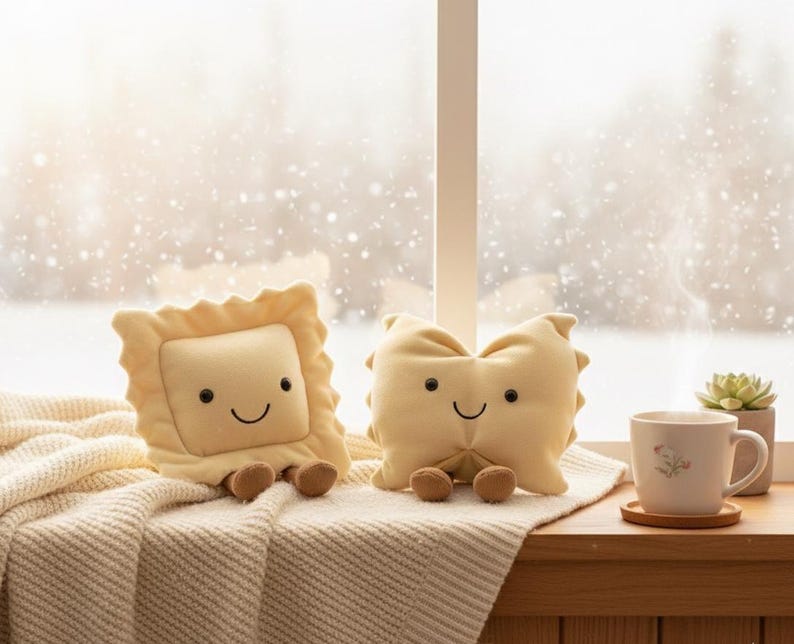 Ravioli Plush Duo – Cute Square and Bow Pasta Plush Toys, 11cm & 9cm ...