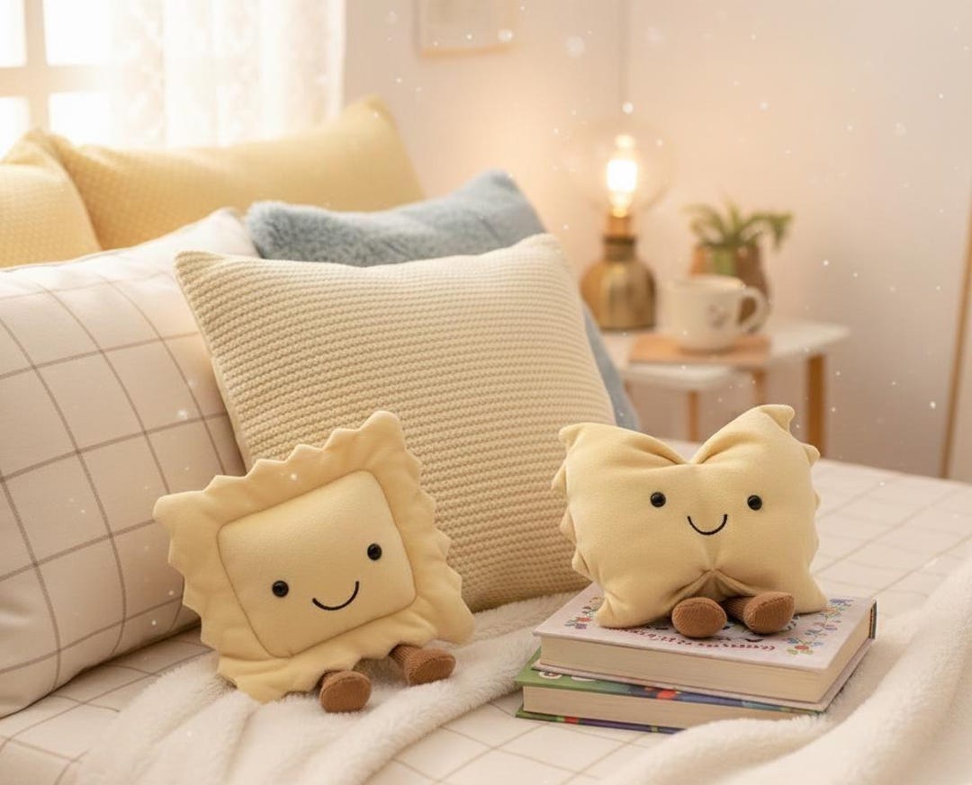 Ravioli Plush Duo – Cute Square and Bow Pasta Plush Toys, 11cm & 9cm ...