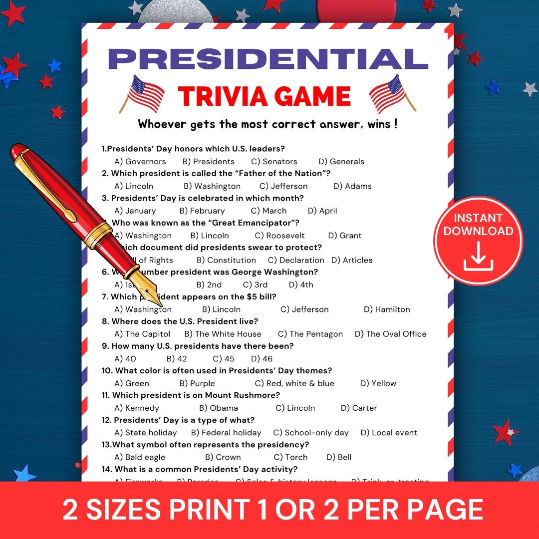 Presidents’ Day Trivia Game, Printable Presidential Trivia Quiz, U.S ...