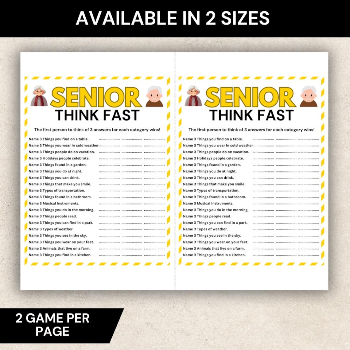 Senior Think Fast Game, Easy Word Game for Seniors, Quick Thinking ...