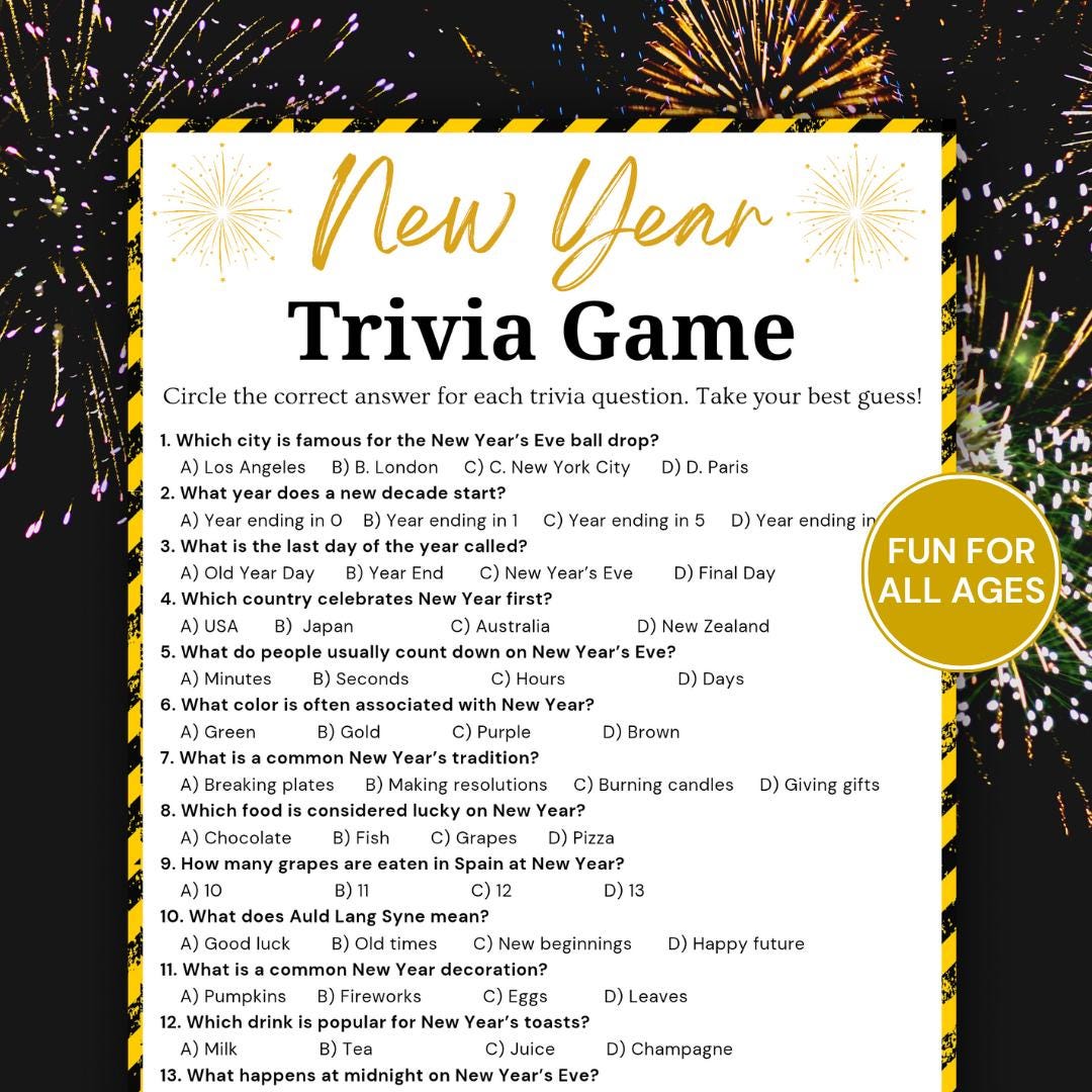 New Year Trivia Game, New Year’s Eve Party Game, Holiday Trivia Quiz ...