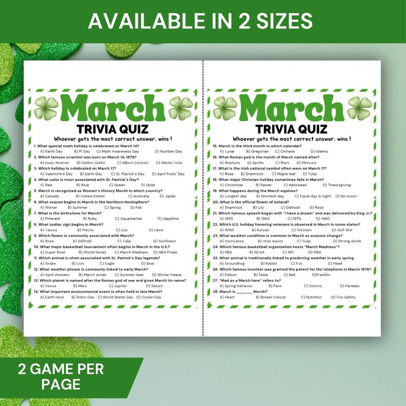 March Trivia Game, St Patricks Day Trivia Quiz, Spring Party Game ...