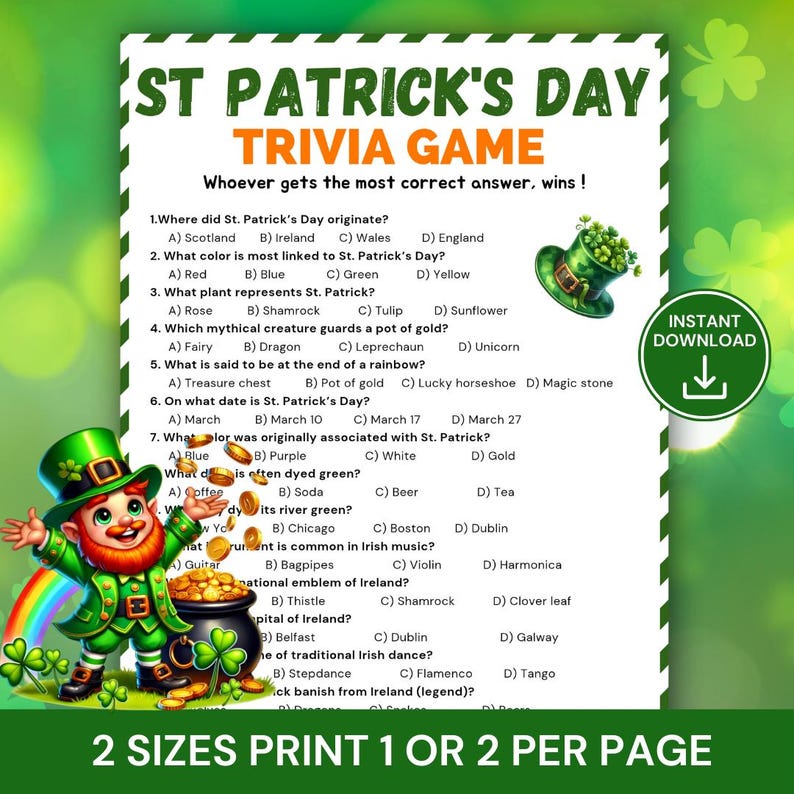 St. Patrick’s Day Trivia Game, Quiz Printable, St Patricks Day Party ...