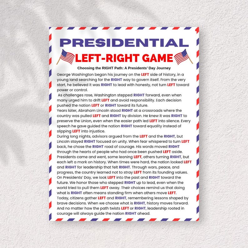 Presidential Left Right Game, Printable Presidents Day Party Game, Pass ...