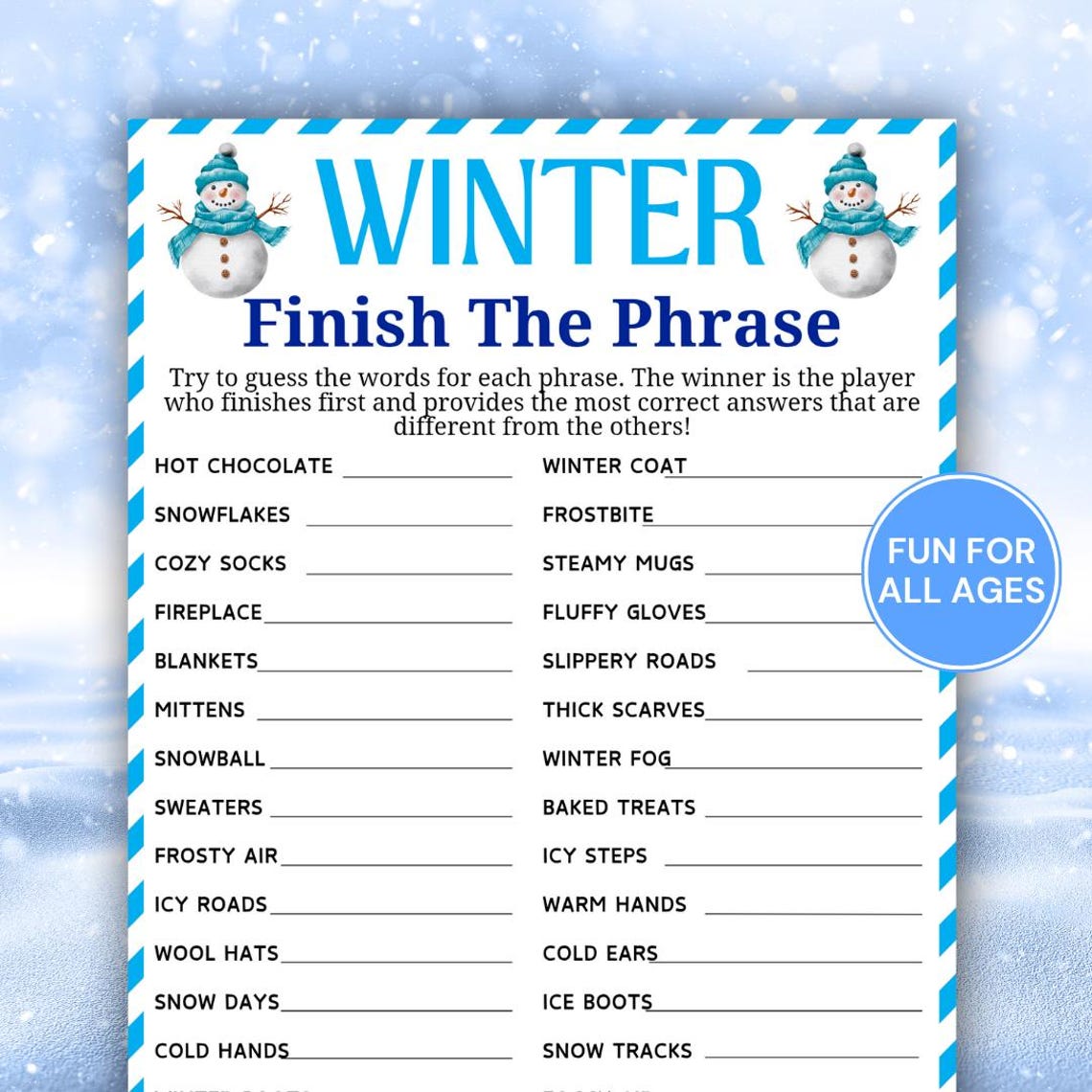 Winter Finish the Phrase Game, Winter Party Game, Fun Winter Word Game ...