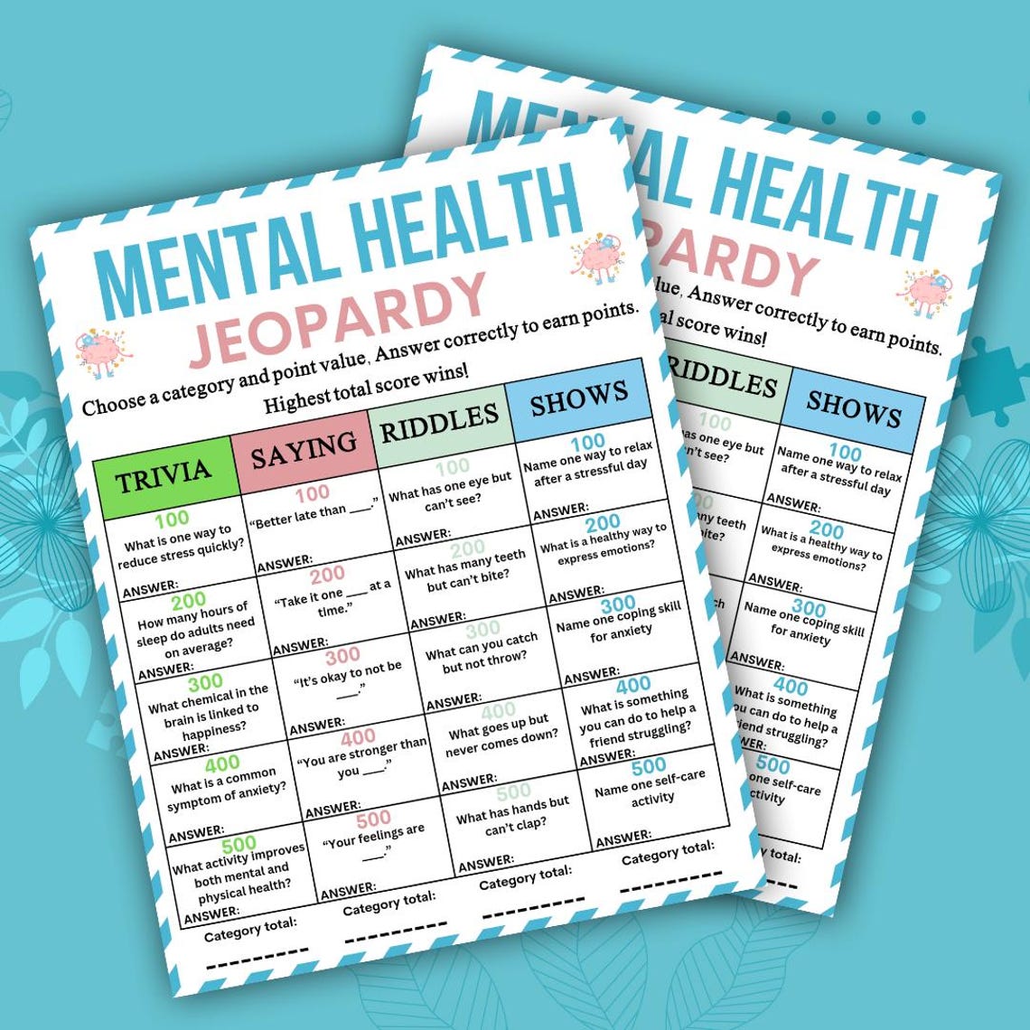 Mental Health Jeopardy Game Printable, Wellness Trivia Game, Therapy ...