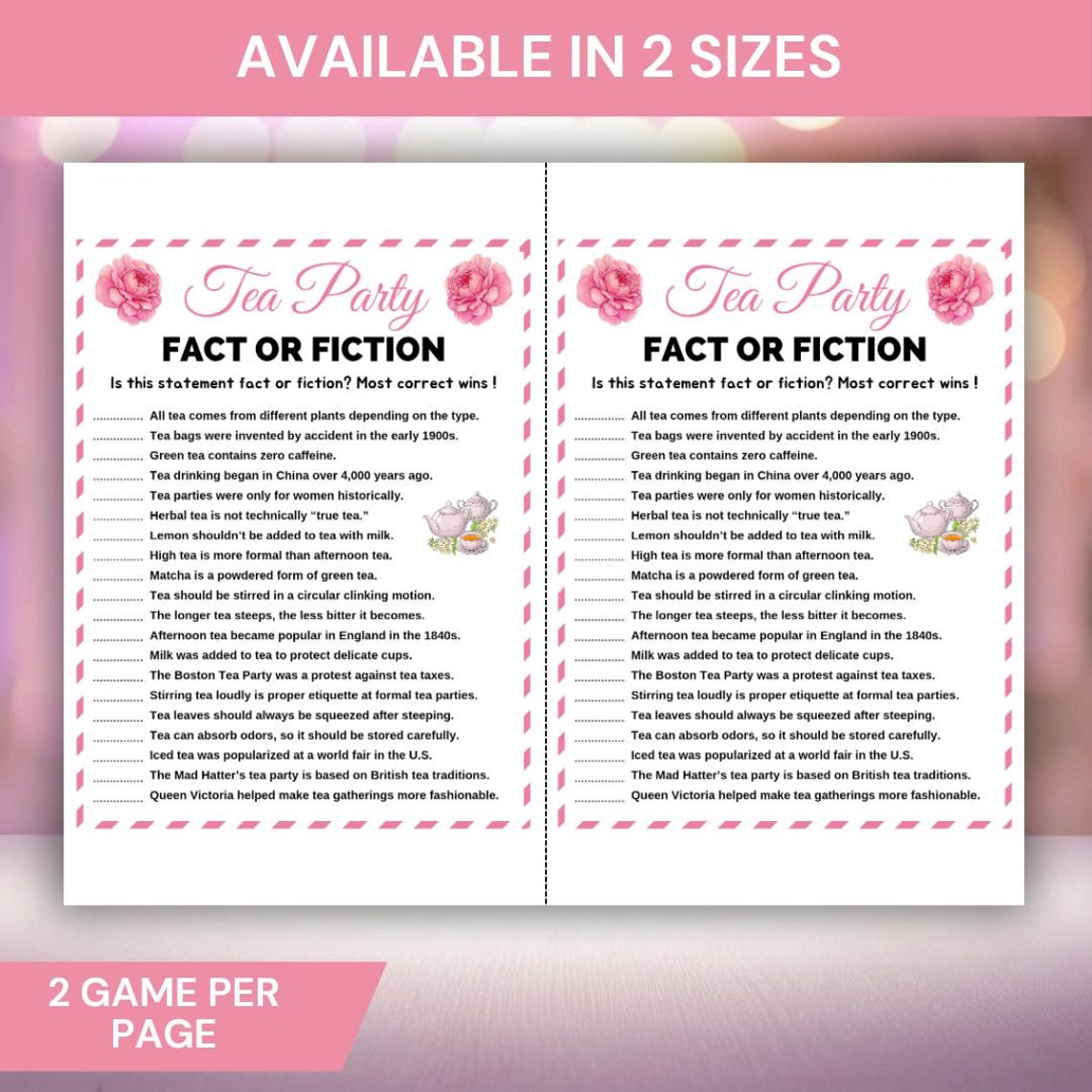 Tea Party Fact or Fiction Game, Tea Party True or False Quiz, Ladies ...