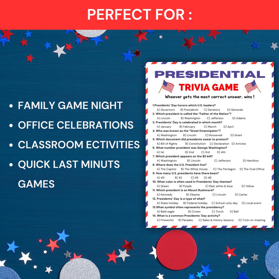 Presidents’ Day Trivia Game, Printable Presidential Trivia Quiz, U.S ...