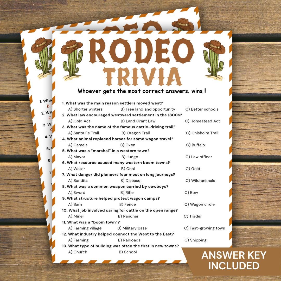 Rodeo Trivia Game, Printable Western Theme Party Quiz, Cowboy Trivia ...