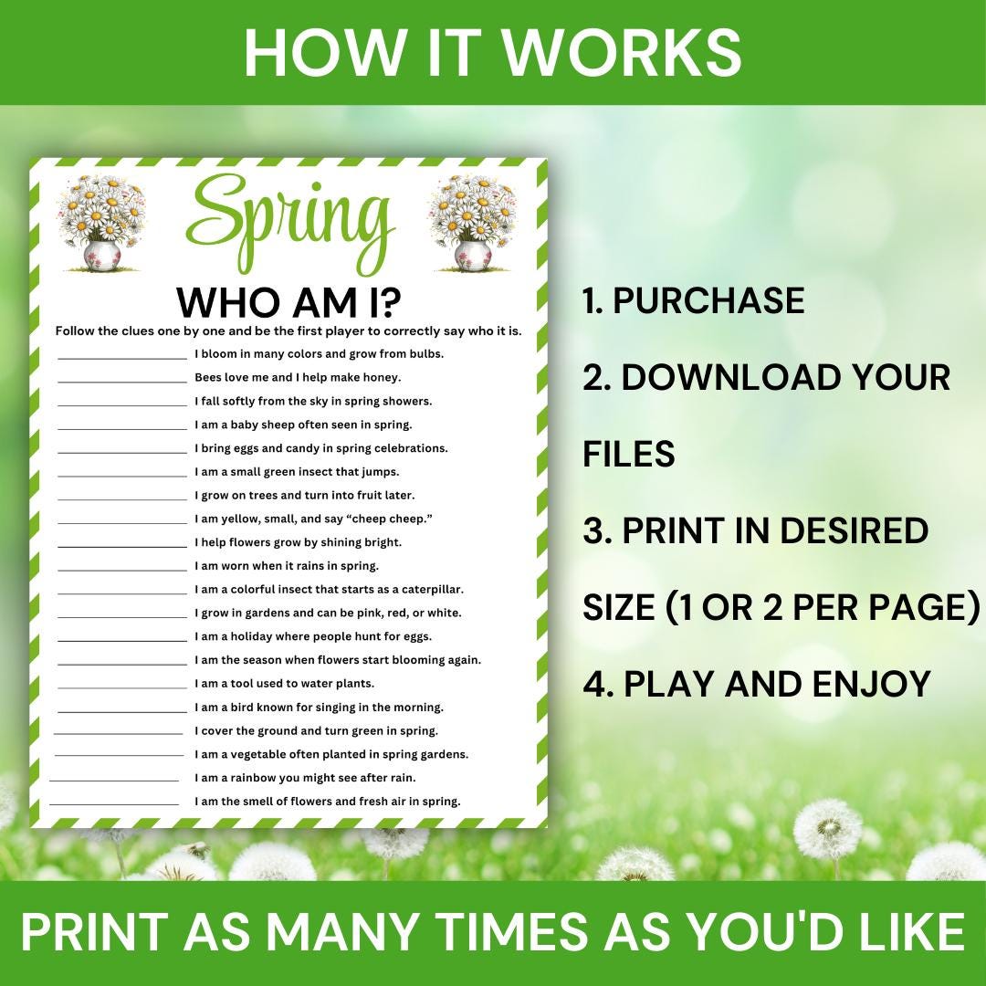Spring Who Am I Game Printable, Spring Party Guessing Game, Spring ...