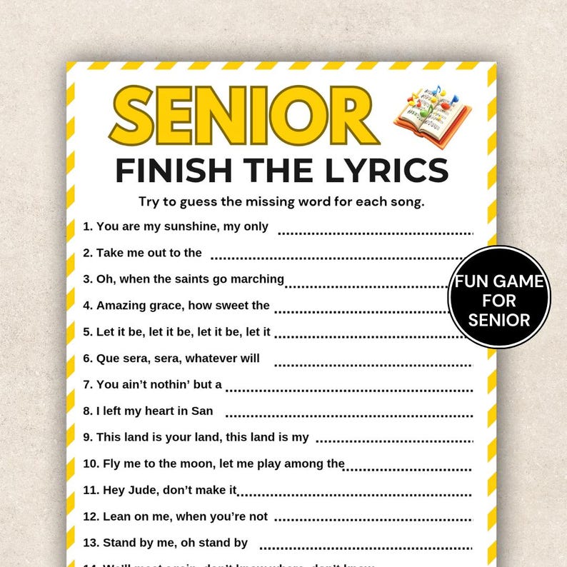 Senior Finish the Lyrics Game, Printable Music Trivia (PDF Download) - Etsy