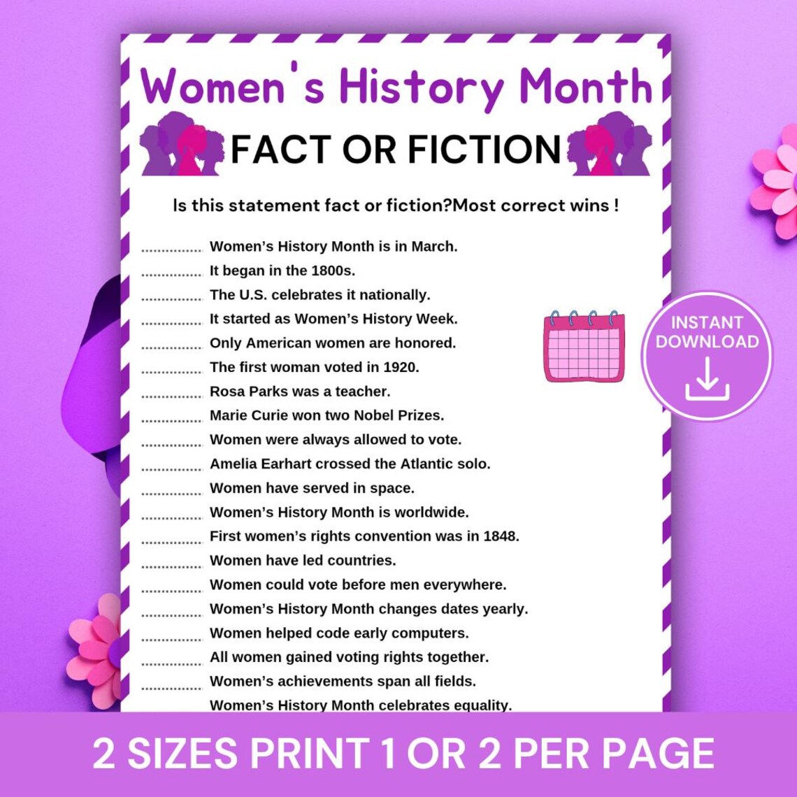 Women’s History Month Fact or Fiction Game, Printable Women’s Day Quiz ...
