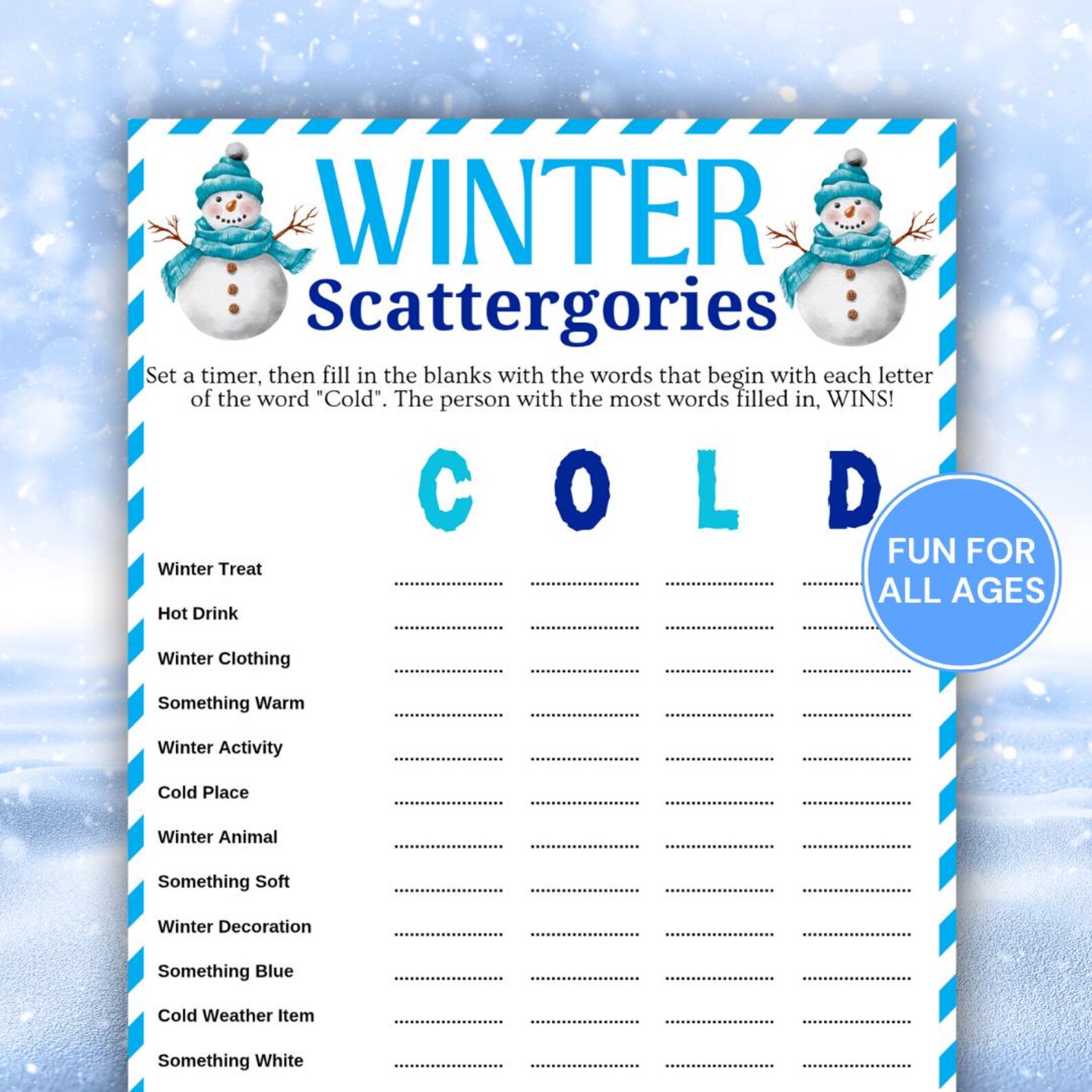 Winter Scattergories Game, Winter Party Game, Think Fast Word Game ...