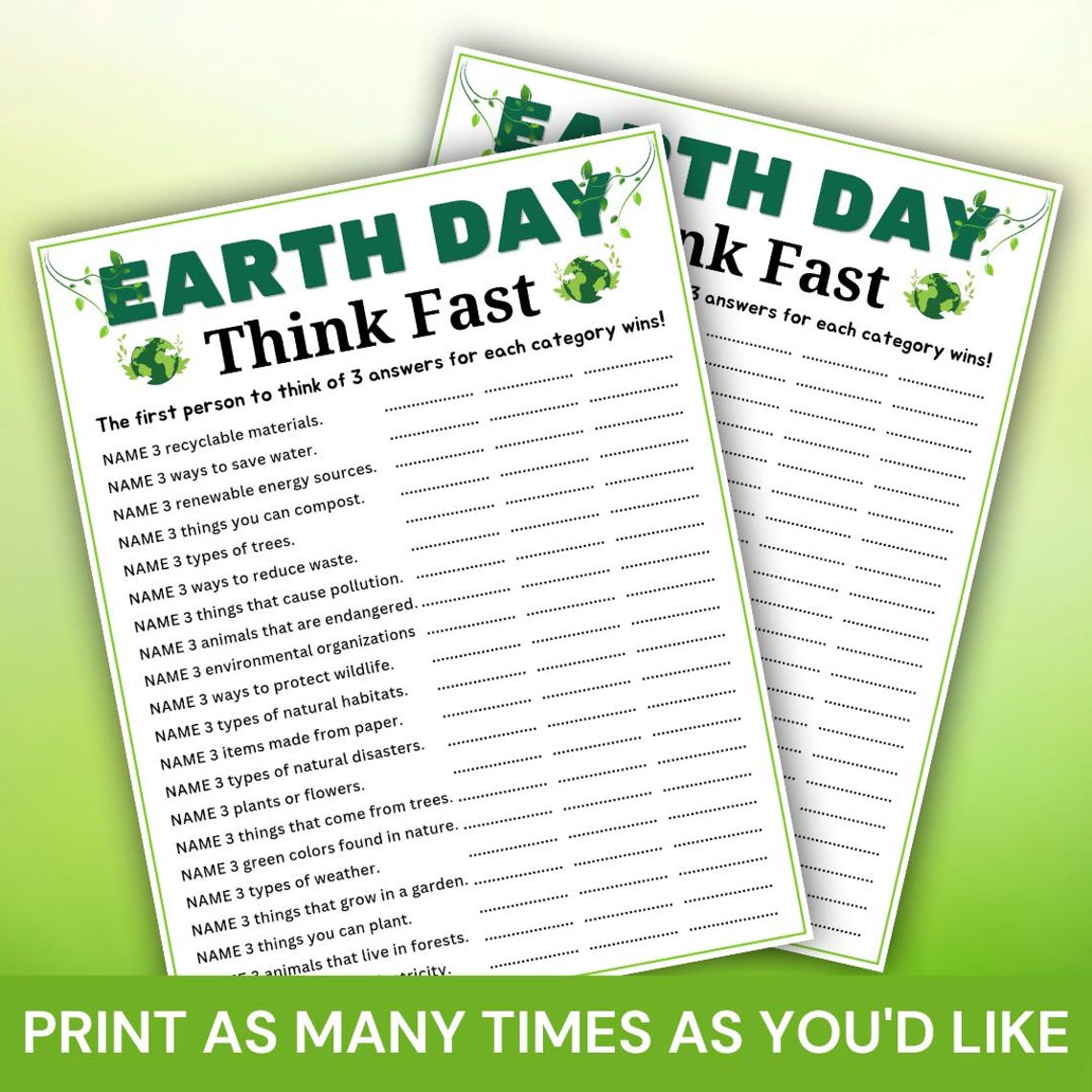 Earth Day Think Fast Game, Printable Earth Day Party Game for Kids ...