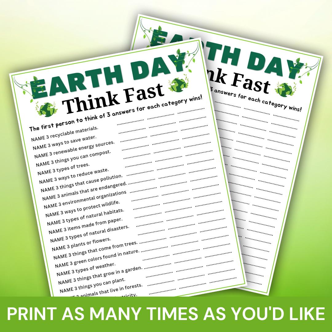 Earth Day Think Fast Game, Printable Earth Day Party Game for Kids ...