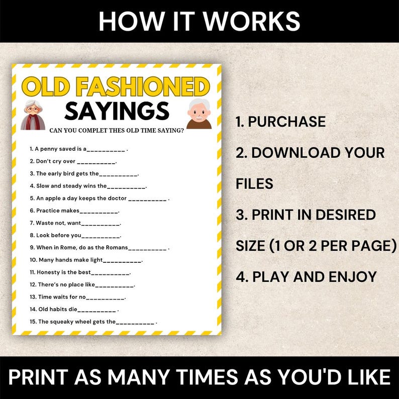 Old Fashioned Sayings Game, Senior Word Match, Printable Elderly Game ...