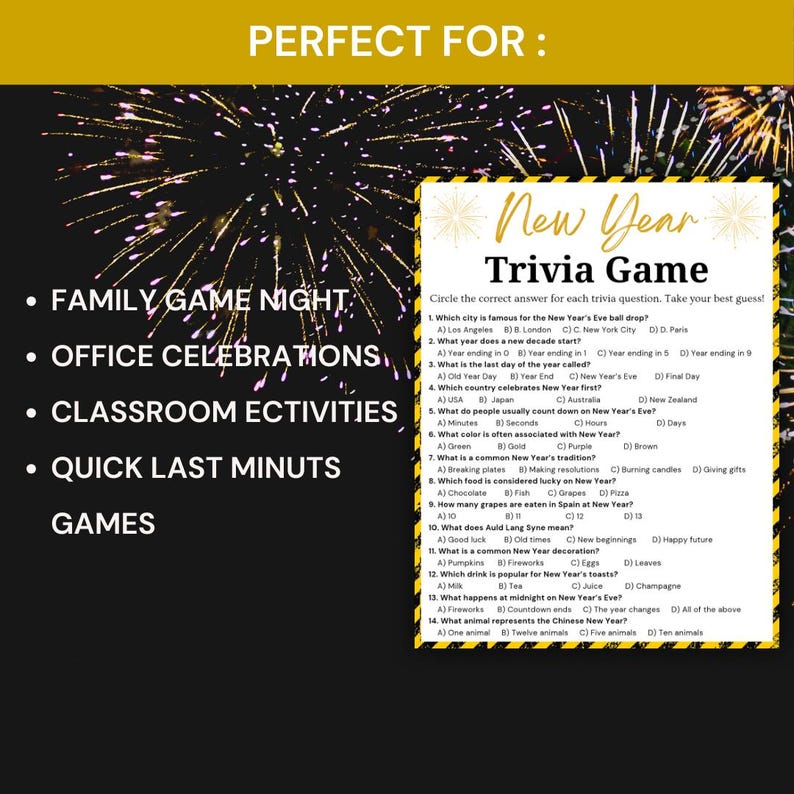 New Year Trivia Game, New Year’s Eve Party Game, Holiday Trivia Quiz ...