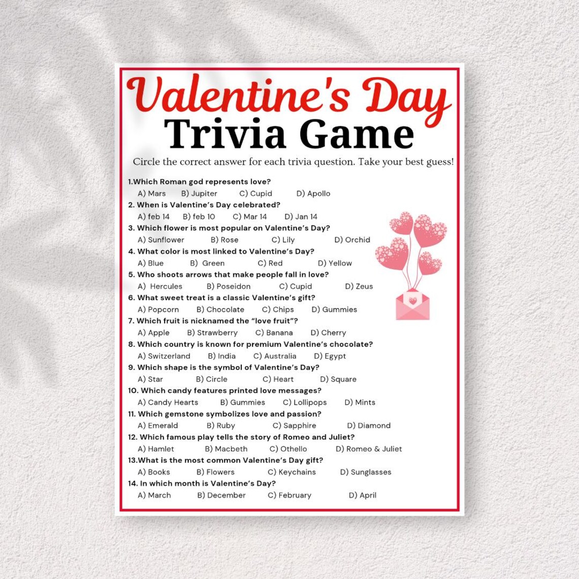 Valentine’s Day Trivia Game, Valentine Party Game, Love Trivia Quiz ...