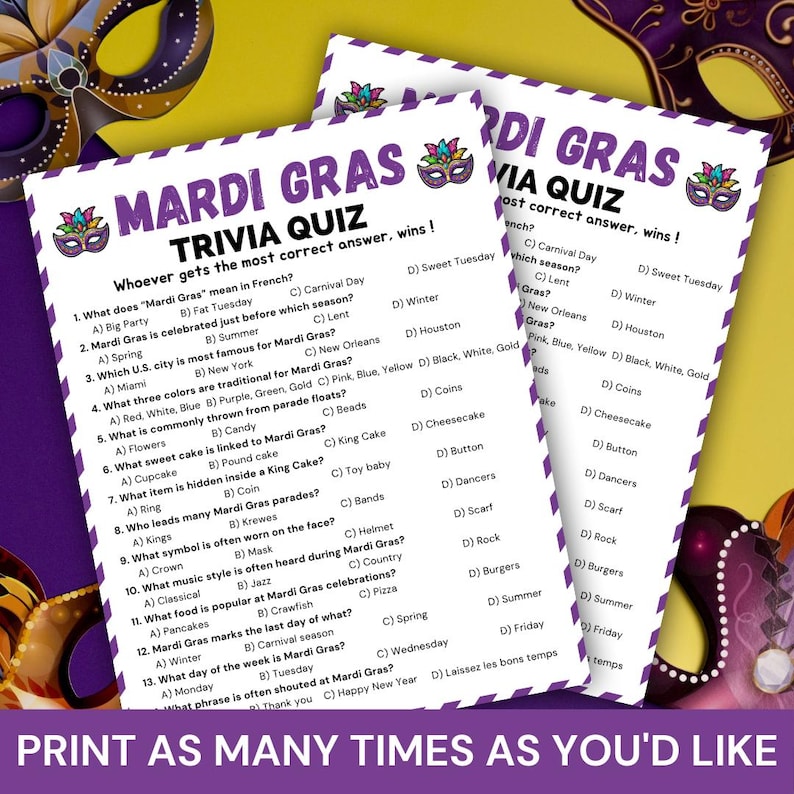Mardi Gras Trivia Game, Printable Fat Tuesday Quiz, Fun Group Mardi ...