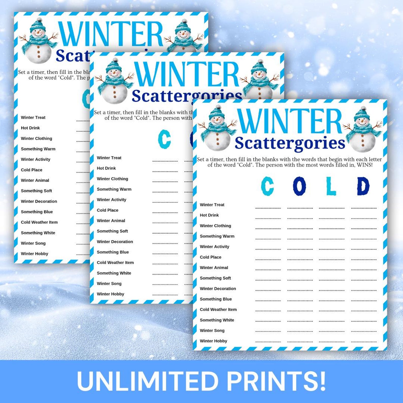 Winter Scattergories Game, Winter Party Game, Think Fast Word Game ...