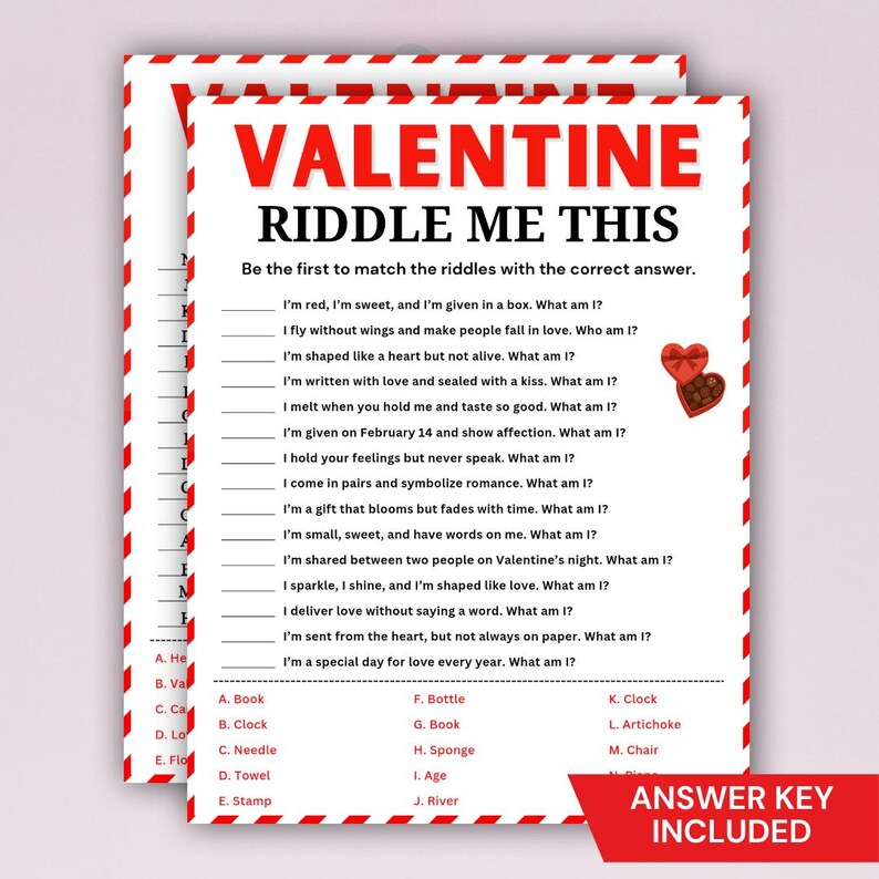Valentine’s Day Riddles Game, Love Riddle Quiz, Printable Valentine ...