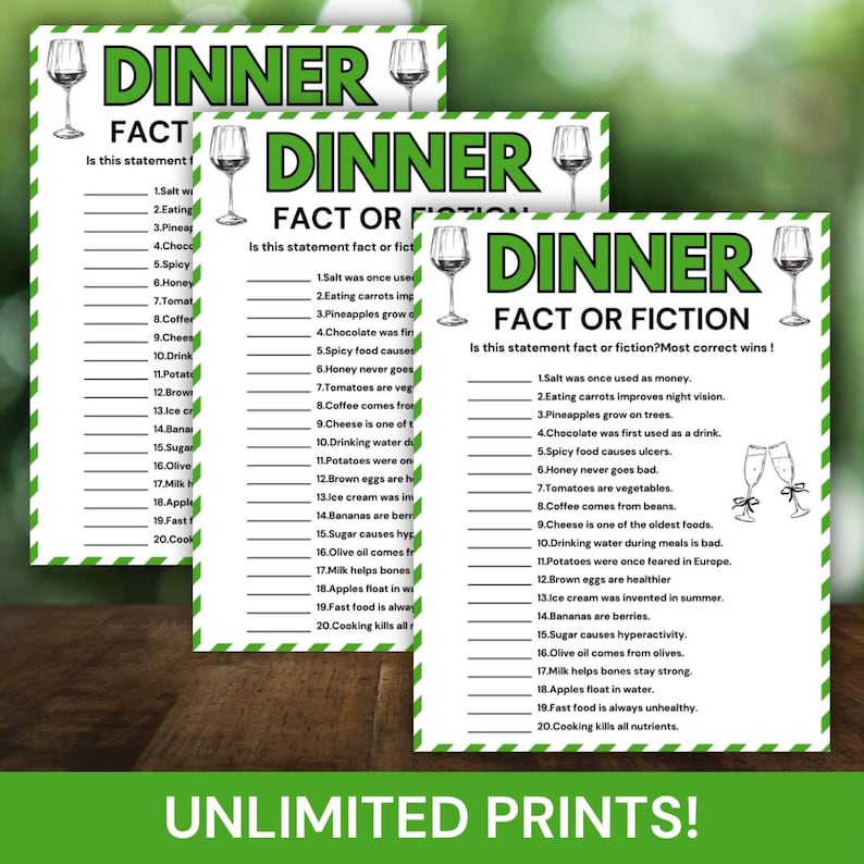 Dinner Fact or Fiction Game Printable, Fun Dinner Party Trivia Game ...