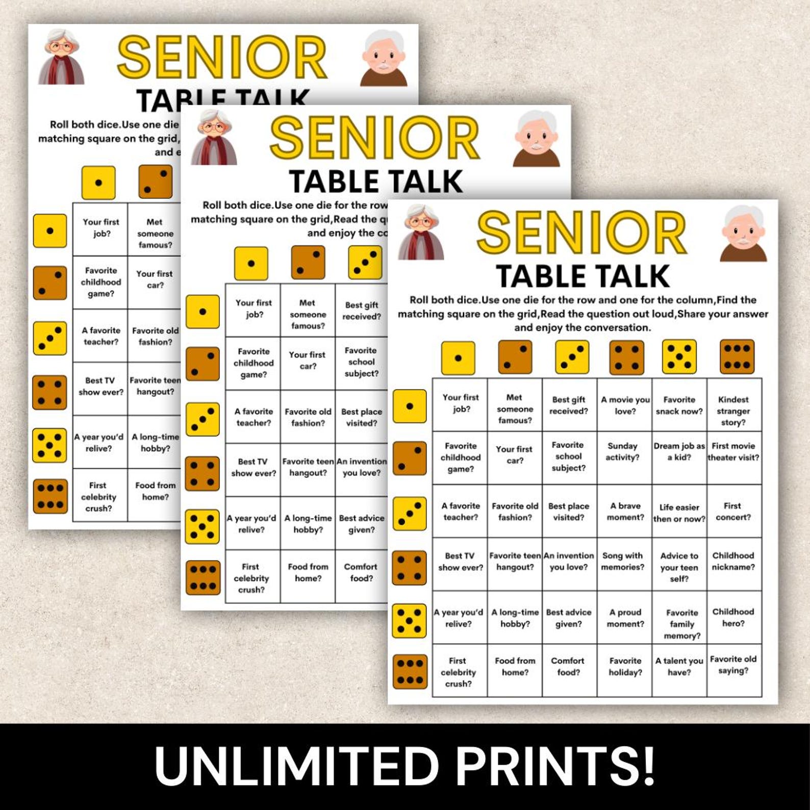 Senior Table Talk Dice Game, Printable Conversation Game for Seniors ...