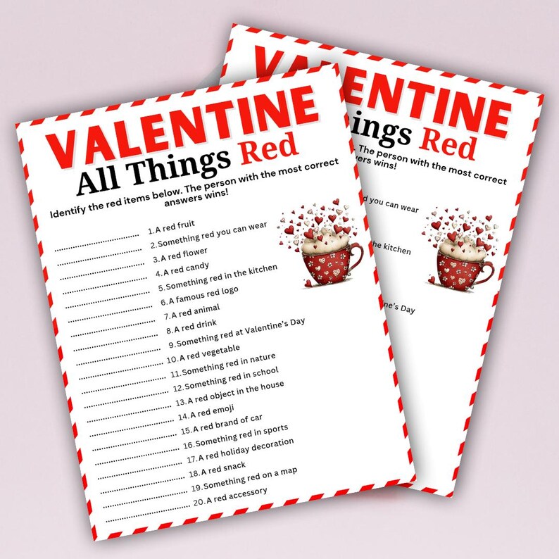 Valentine's Day All Red Things Game, Printable Party Activity (PDF ...