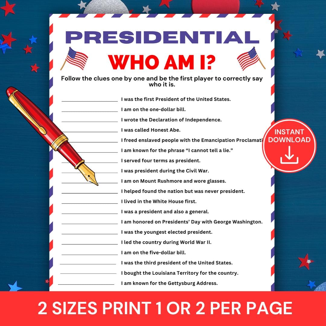 Presidential Who Am I Game, Printable Presidents Trivia Activity, U.S ...
