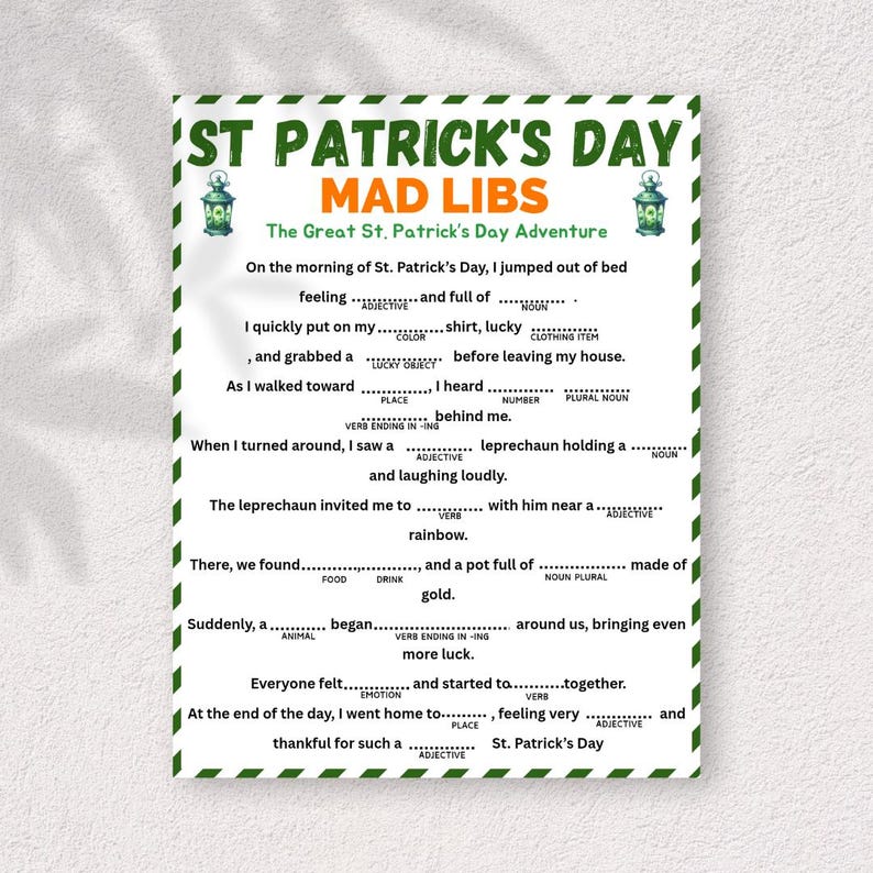 St. Patrick’s Day Mad Libs Game, Printable Irish Story Activity, Fun St ...