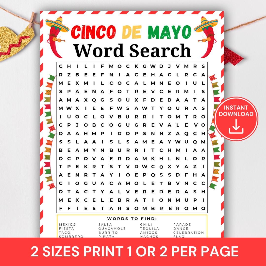 Cinco De Mayo Word Search Printable, Fiesta Party Game, Mexican Word ...