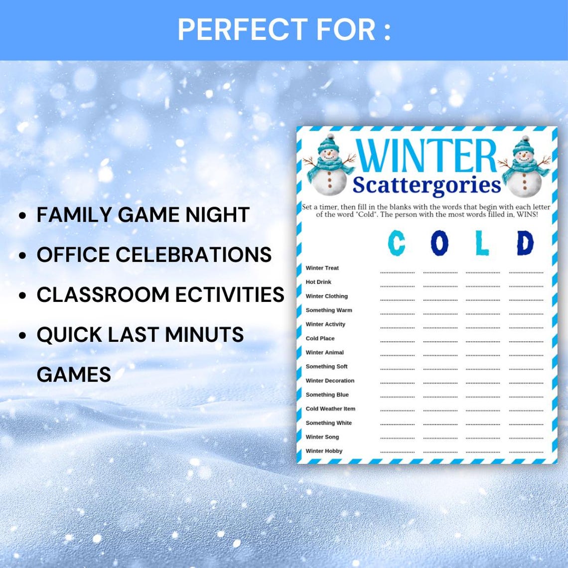 Winter Scattergories Game, Winter Party Game, Think Fast Word Game ...