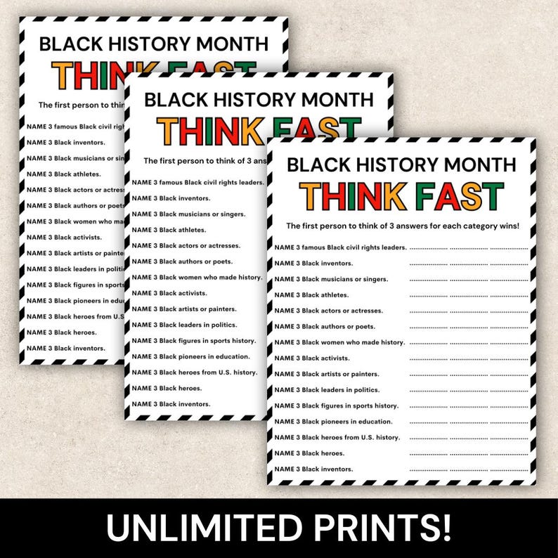 Black History Think Fast Printable Game, Black History Month Classroom ...