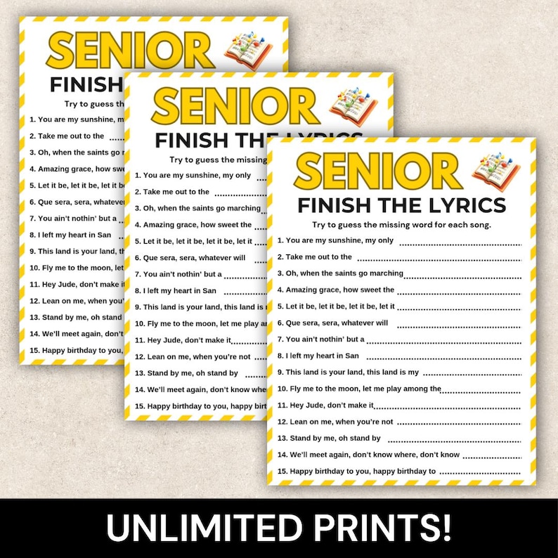 Senior Finish the Lyrics Game, Printable Music Trivia (PDF Download) - Etsy