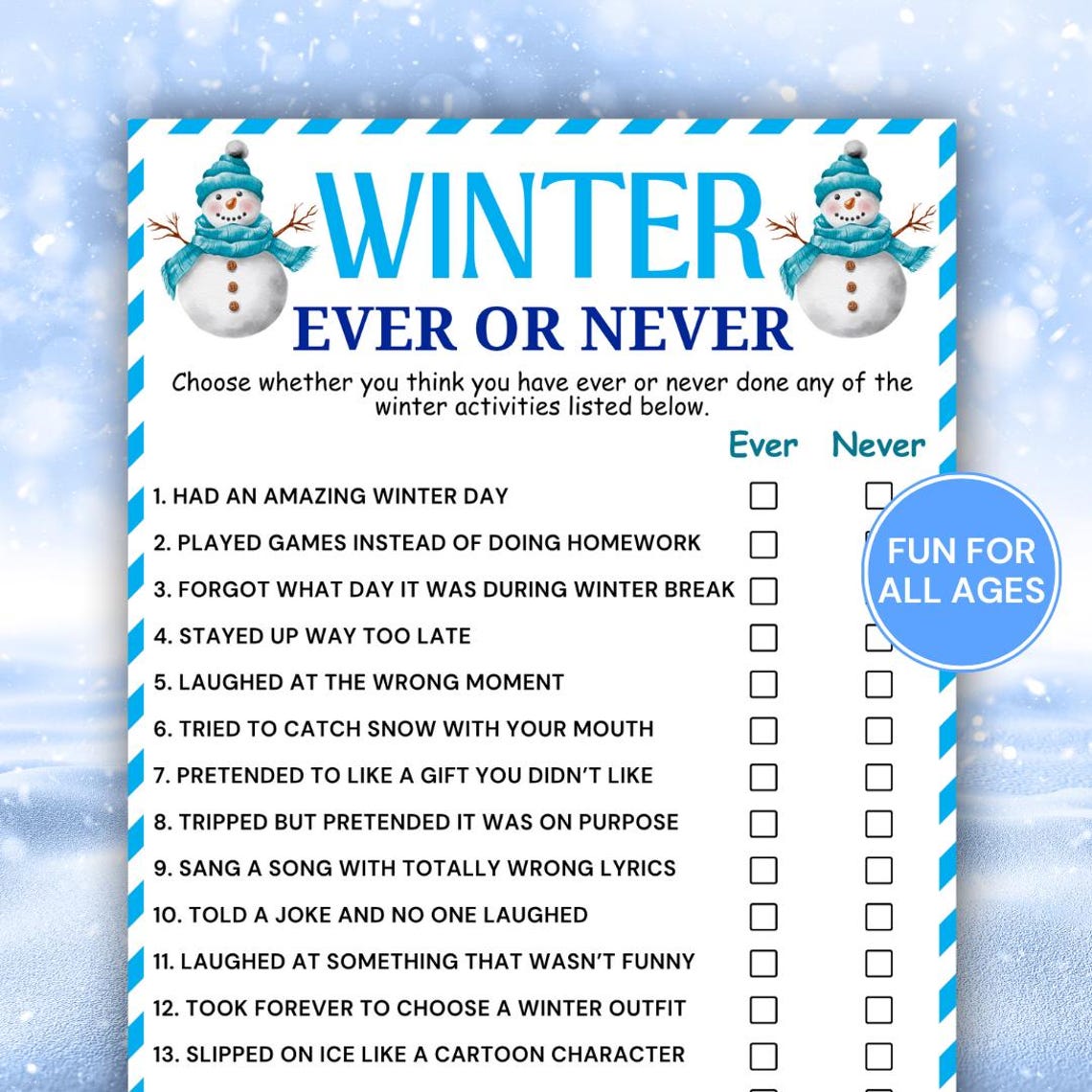 Winter Ever or Never Game, Winter Party Game, Have You Ever Winter ...