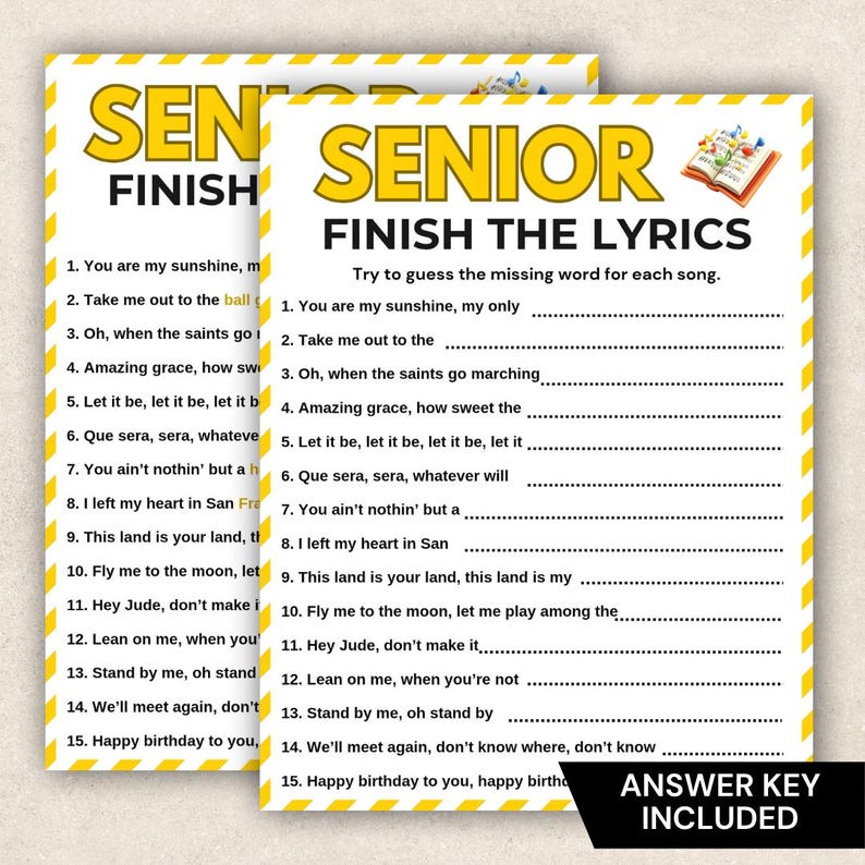 Senior Finish the Lyrics Game, Printable Music Trivia (PDF Download) - Etsy