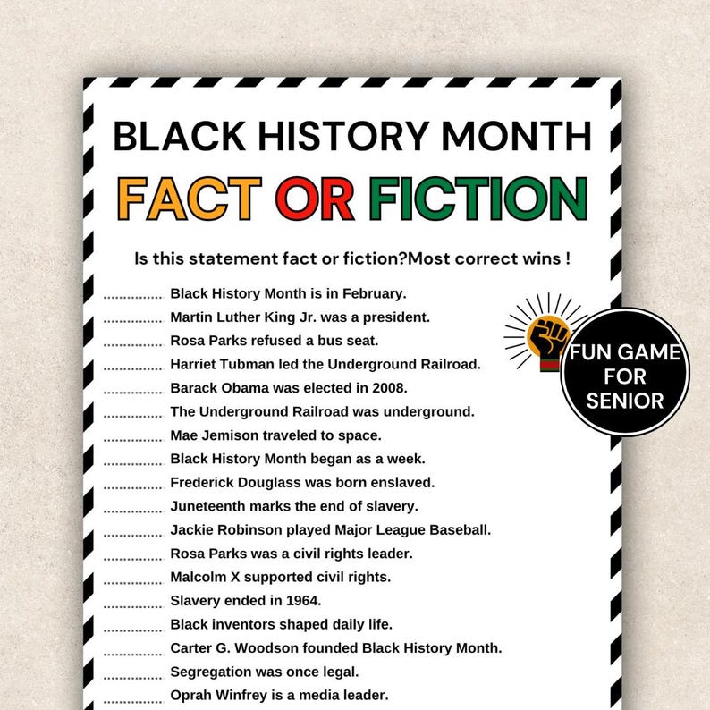 Black History Fact or Fiction Printable Game, Black History Month ...