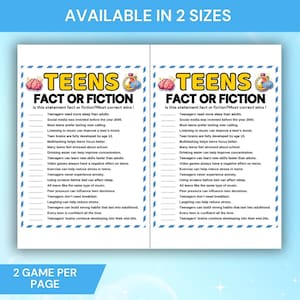 Teens Fact or Fiction Game Printable, Teen Trivia Quiz, Classroom ...