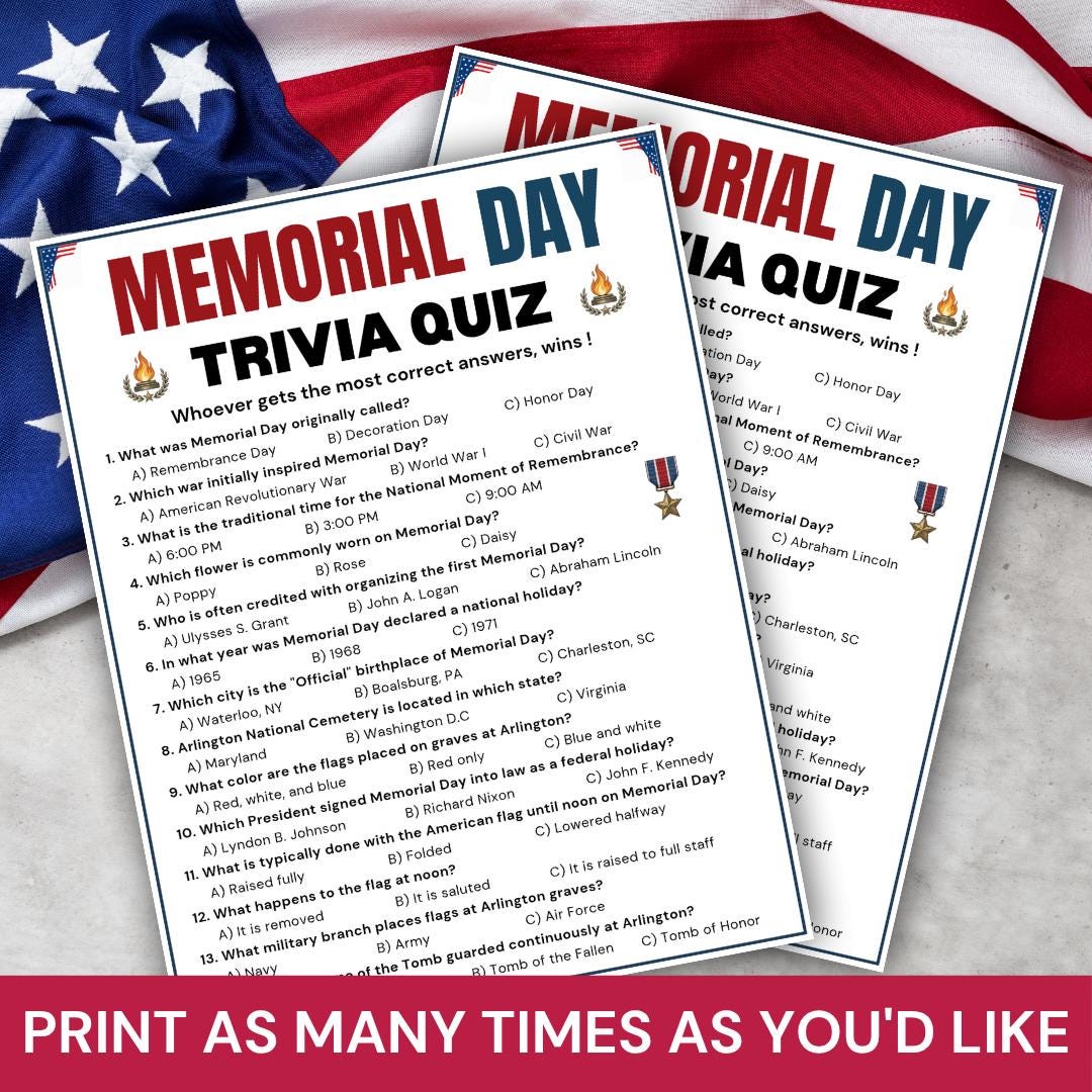 Memorial Day Trivia Game Printable, Patriotic Quiz Game, Memorial Day ...