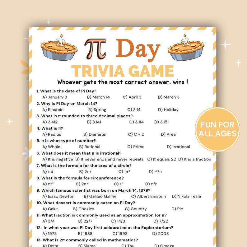Pi Day Trivia Game Printable, Math Classroom Pi Day Quiz, March 14 ...