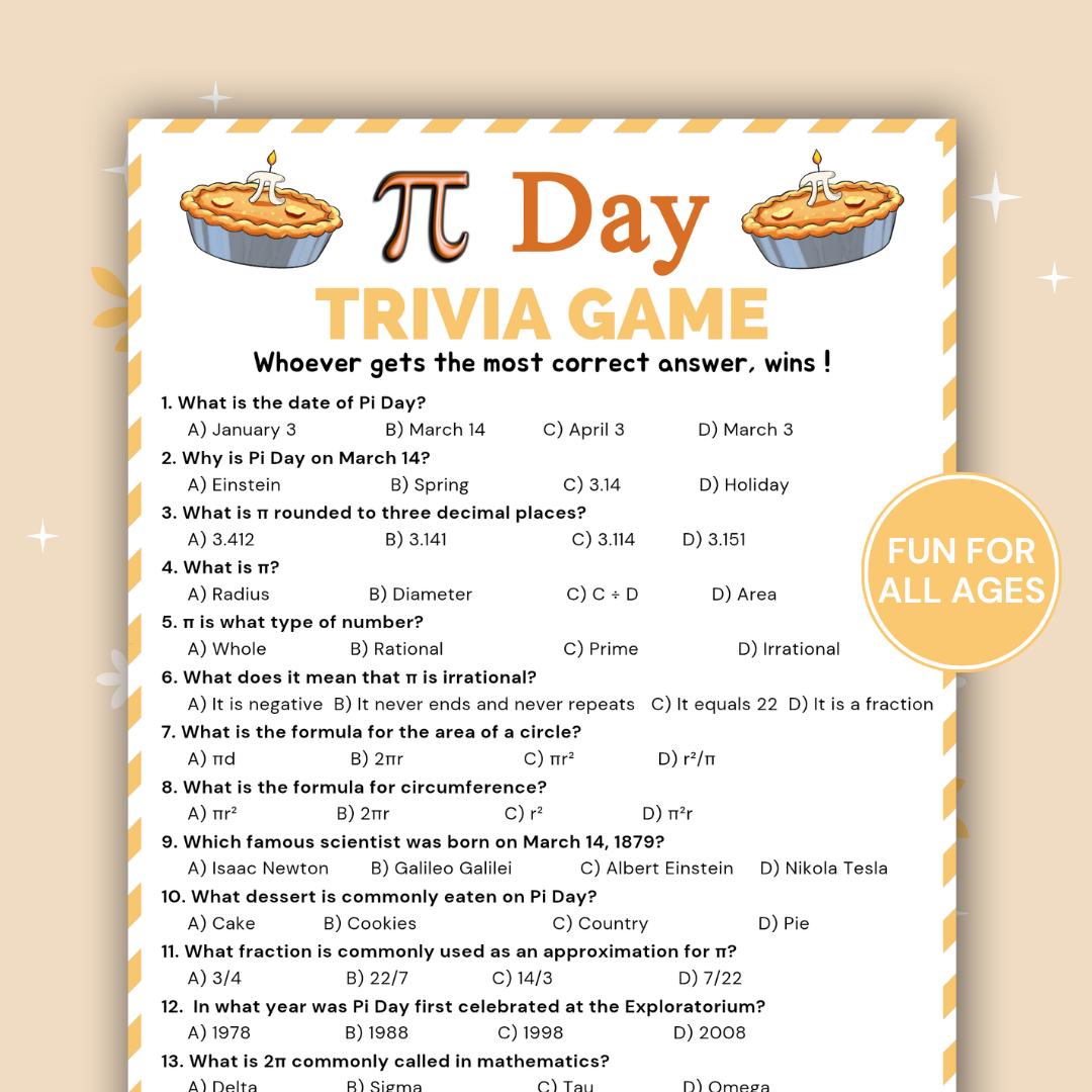 Pi Day Trivia Game Printable, Math Classroom Pi Day Quiz, March 14 ...