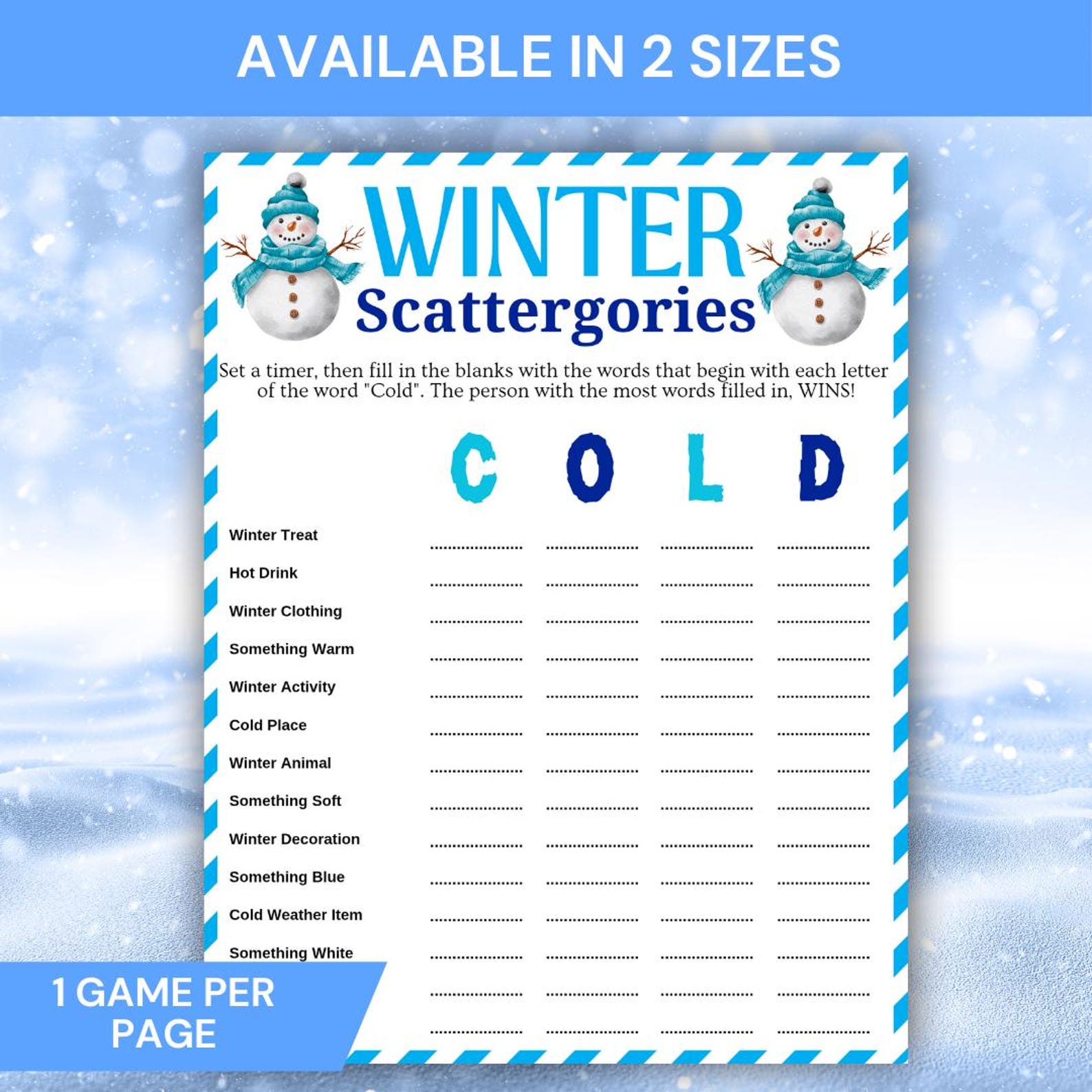 Winter Scattergories Game, Winter Party Game, Think Fast Word Game ...