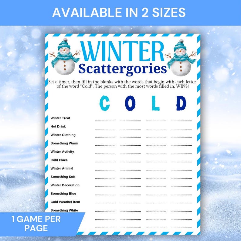 Winter Scattergories Game, Winter Party Game, Think Fast Word Game ...