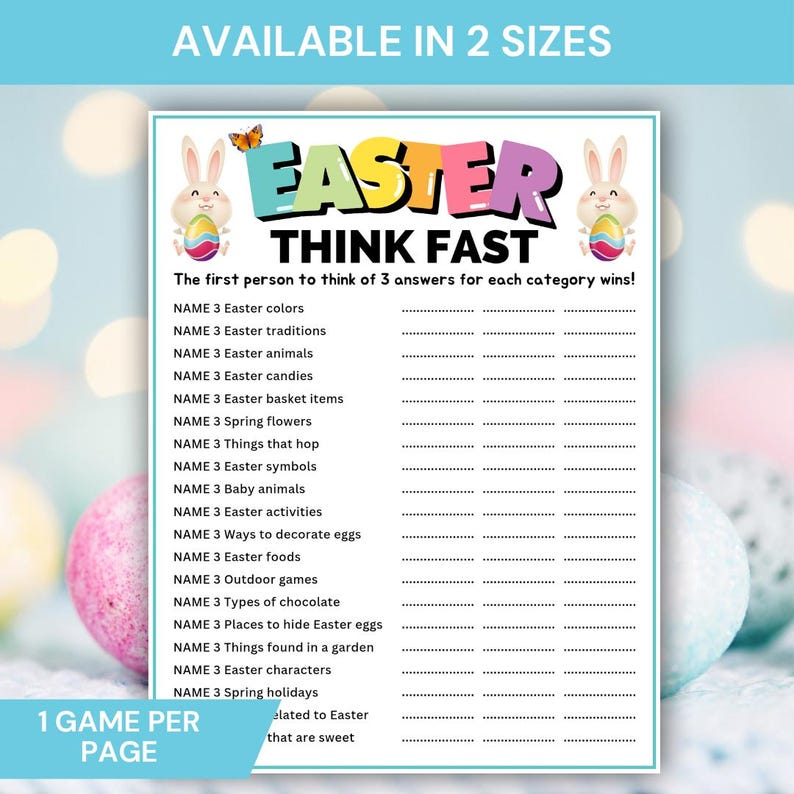 Easter Think Fast Game, Printable Easter Party Game, Easter Quick ...