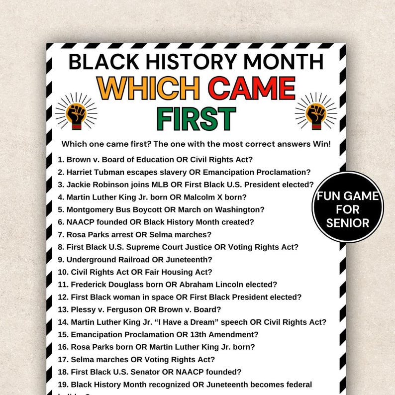Black History Which Came First Printable Game, Black History Month ...