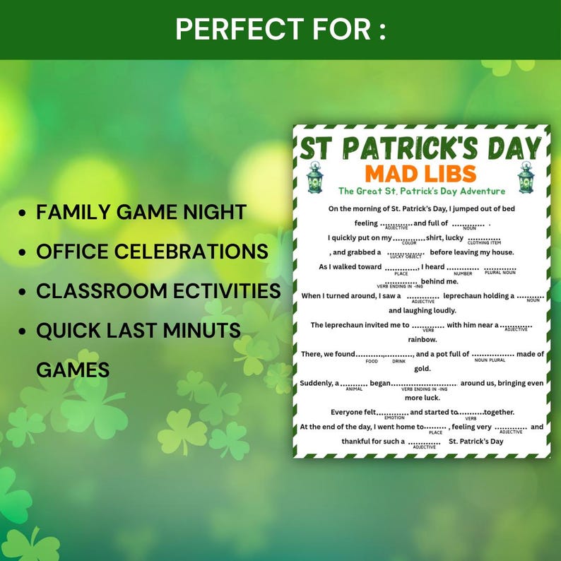 St. Patrick’s Day Mad Libs Game, Printable Irish Story Activity, Fun St ...