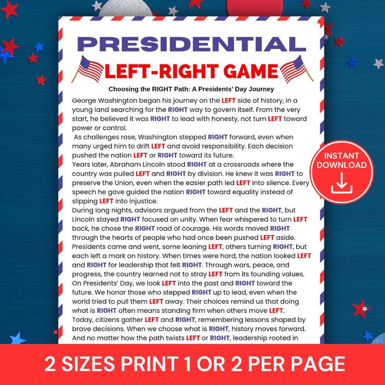 Presidential Left Right Game, Printable Presidents Day Party Game, Pass ...