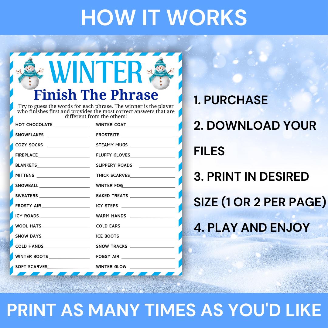 Winter Finish the Phrase Game, Winter Party Game, Fun Winter Word Game ...
