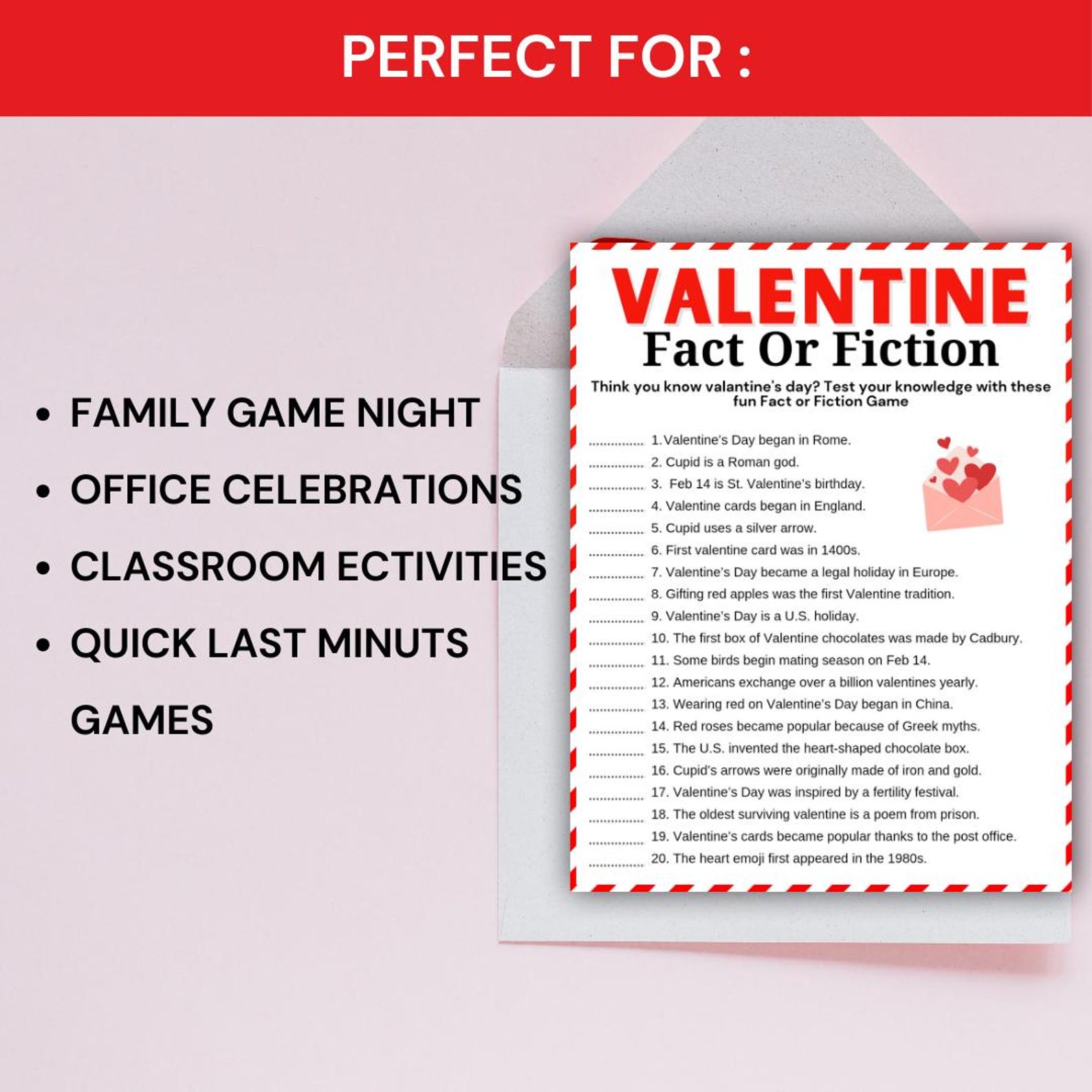 Valentine’s Day Fact or Fiction Game, Valentine Party Game, True or ...